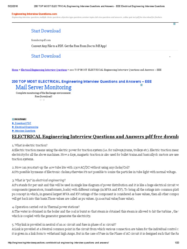 Top 200 Electrical Engineering Interview Questions Pdf Transformer