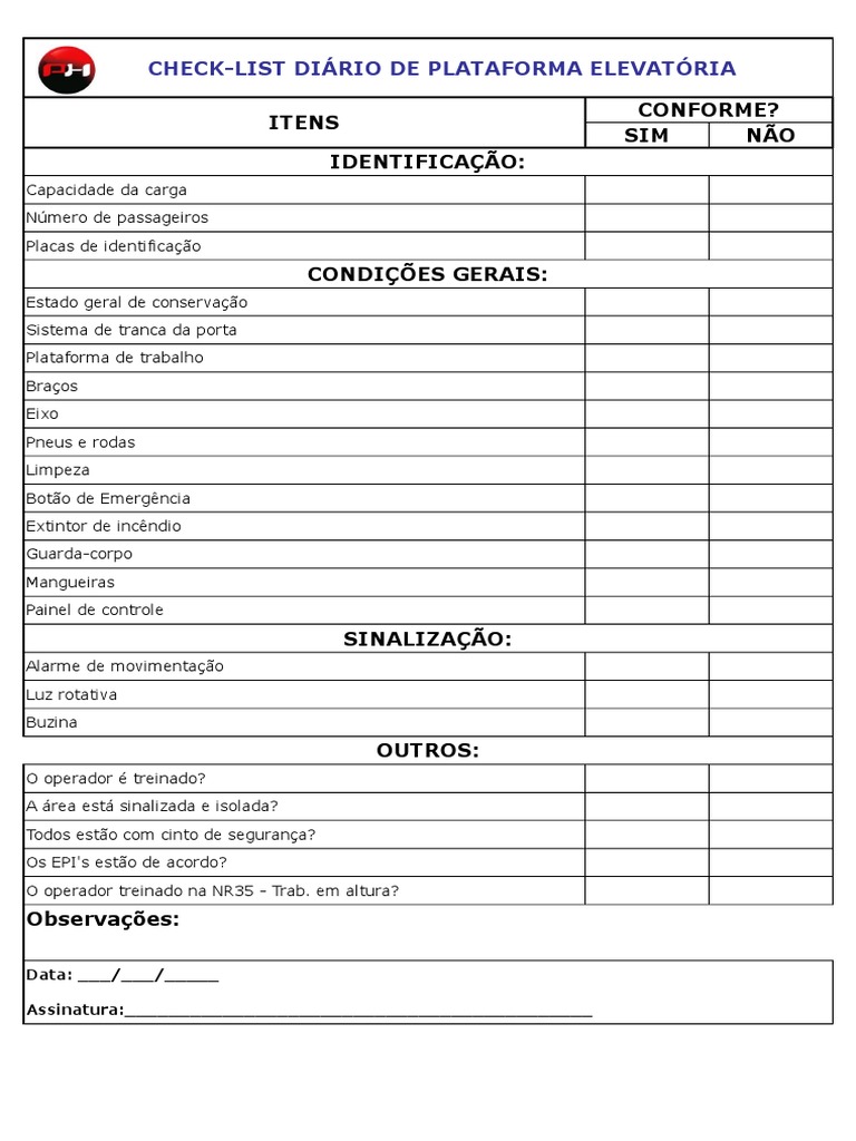 Check-list Diário Plataforma Elevatória | PDF | Negócios | Tecnologia e ...