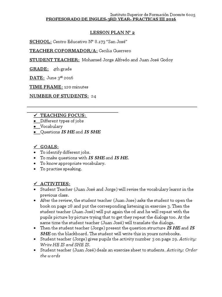 4th Grade English Lesson Plan: Jobs | PDF