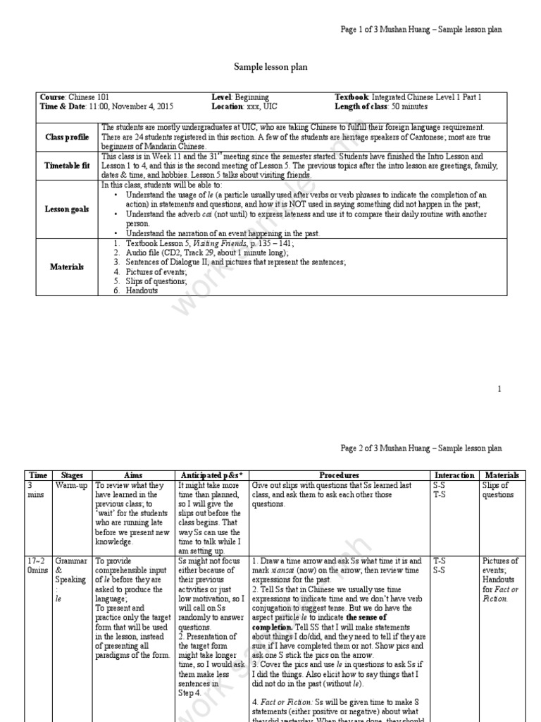 Sample Chinese Lesson Plan-Watermark | PDF | Lesson Plan | Verb