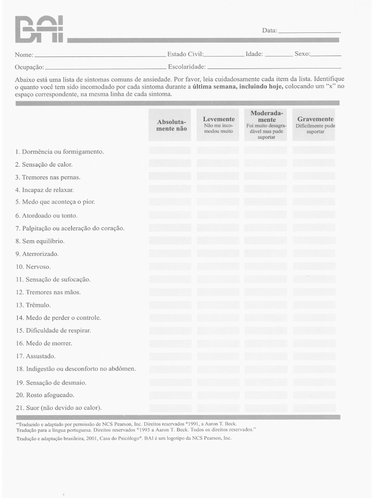 ESCALA BECK - BAI - Escala Beck de Ansiedade - Aaron Beck PDF | Download grátis PDF | Terapia ...