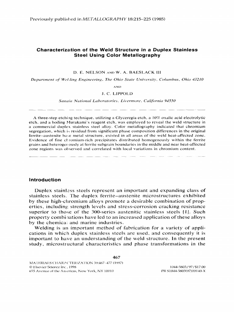 Characterization of The Weld Structure in A Duplex Stainless Steel ...