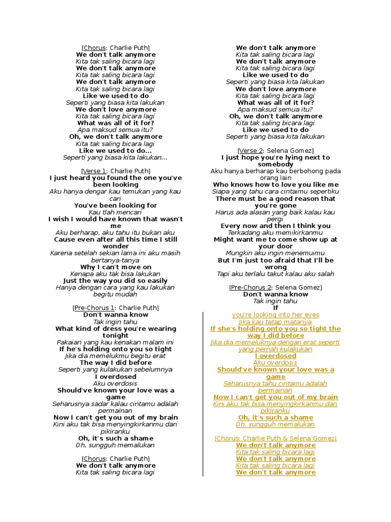 We Don't Talk Anymore Lyrics | PDF | American Songs | Singles