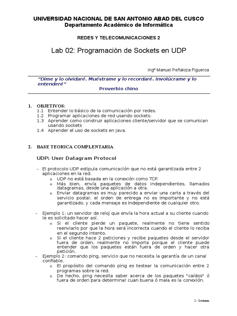 Lab02 - Programacion de Sockets en UDP - Desbloqueado | PDF | Zócalo de ...