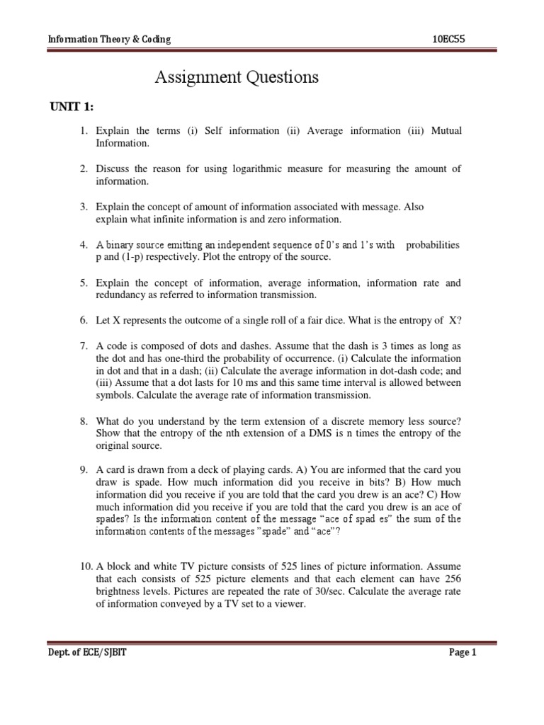 Ece-V-Information Theory & Coding (10ec55) - Assignment | PDF | Error Detection And Correction ...