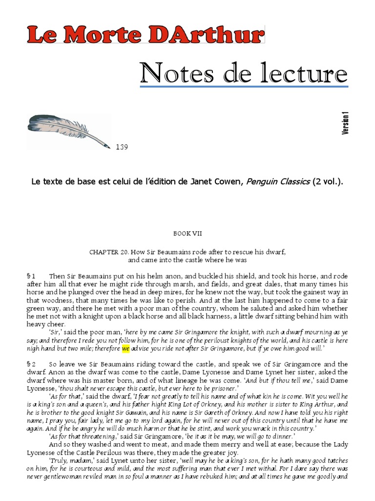 "Le Morte DArthur": Notes de Lecture Volet 139 | PDF | Medieval Legends ...