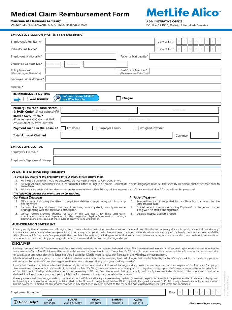 Medical Claim Reimbursement Form English | PDF | Wire Transfer | Met Life