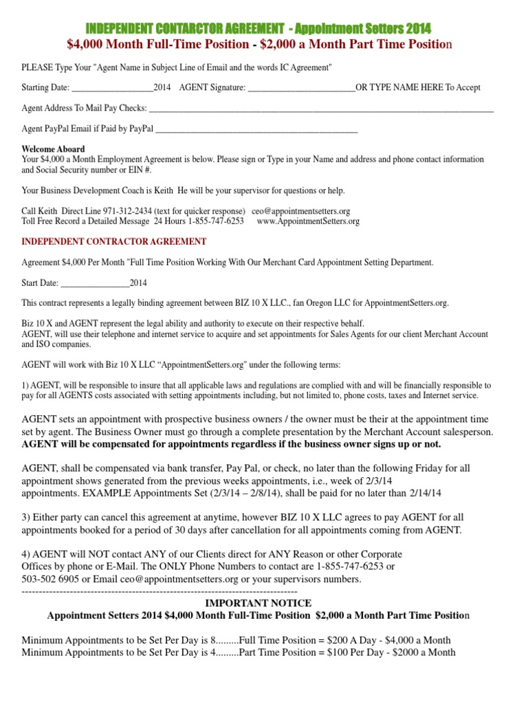 Appointment Setters Contract | PDF | Credit Card | Payments