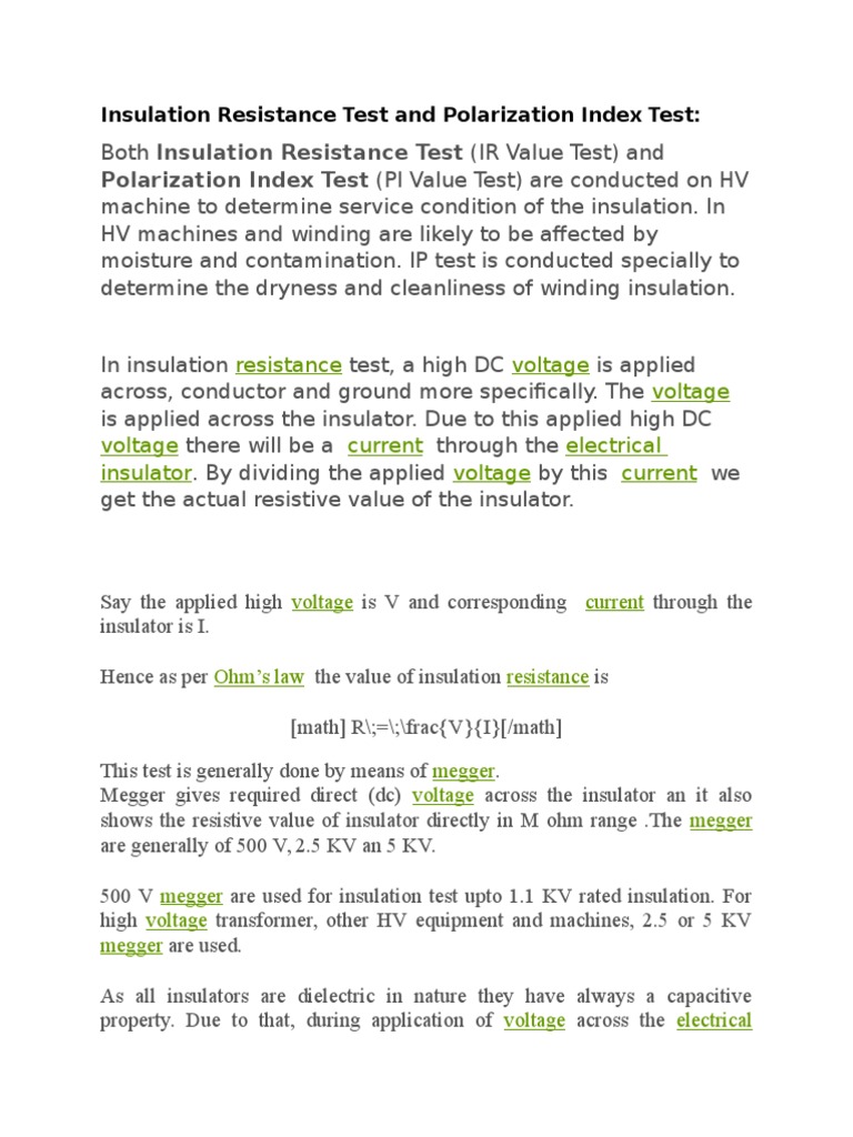 Insulation Resistance Test and Polarization Index Test | PDF ...