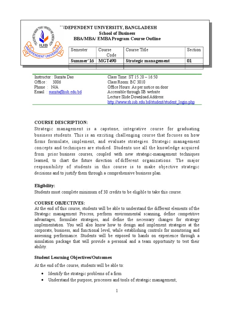 IUB BBA/MBA Course Outline for Strategic Management | PDF | Lecture | Strategic Management