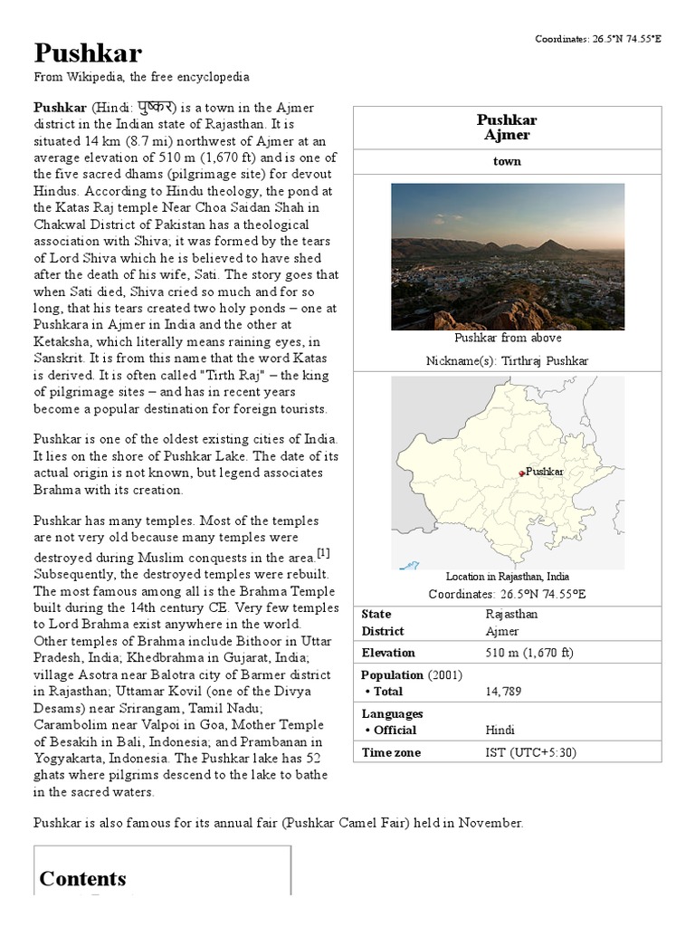 Pushkar - Wikipedia, The Free Encyclopedia | PDF | Religion And Belief