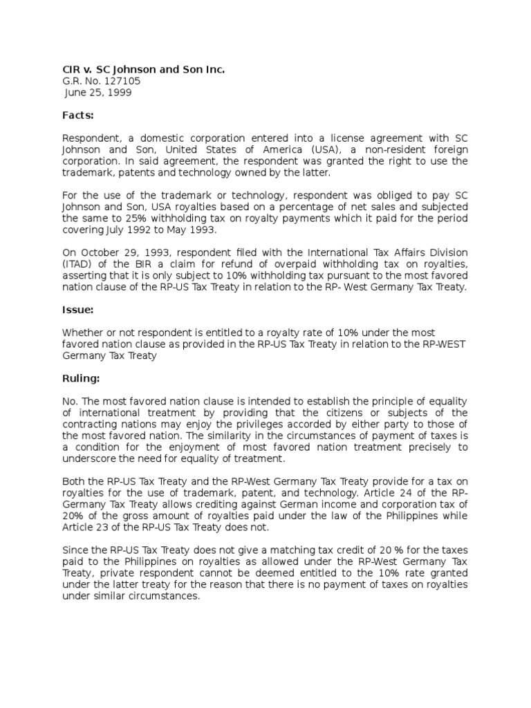 CIR v. SC Johnson Tax Treaty Ruling | PDF