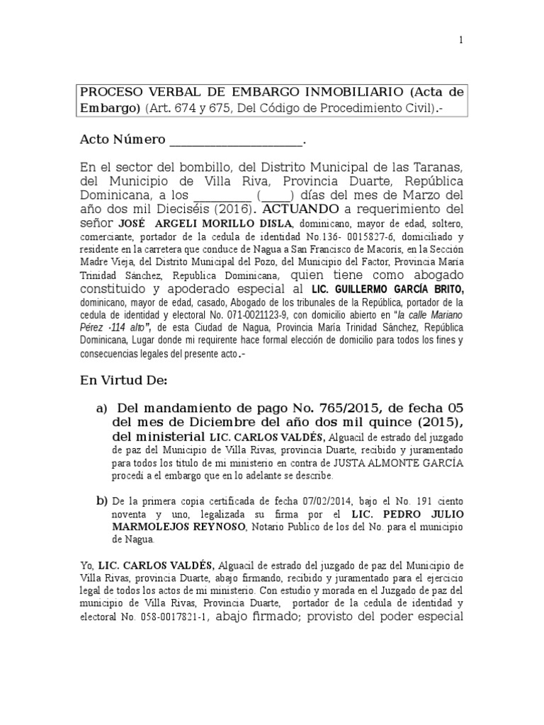 Proceso Verbal de Embargo Inmobiliario de Argeli y Rosanna | República ...