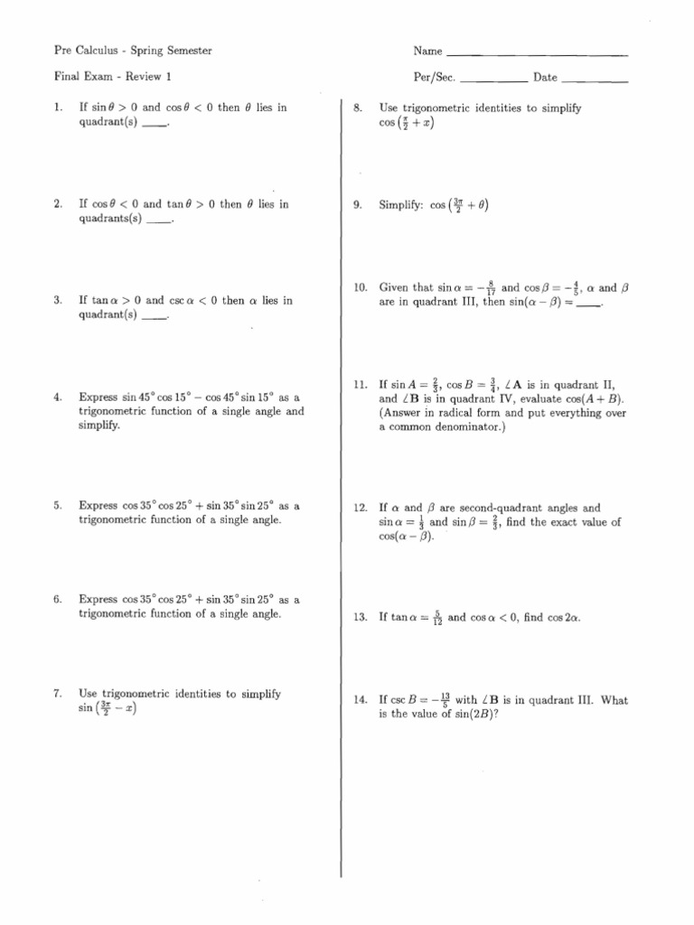 Math Pre-Calculus - Semester Two Final: REVIEW | PDF | Sine ...
