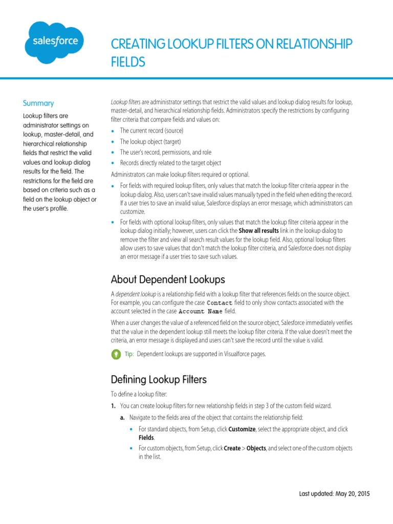 Salesforce Filtered Lookups Cheatsheet | PDF | Salesforce.Com | Computer Programming