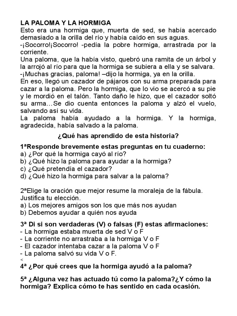 La fábula de la paloma y la hormiga | PDF