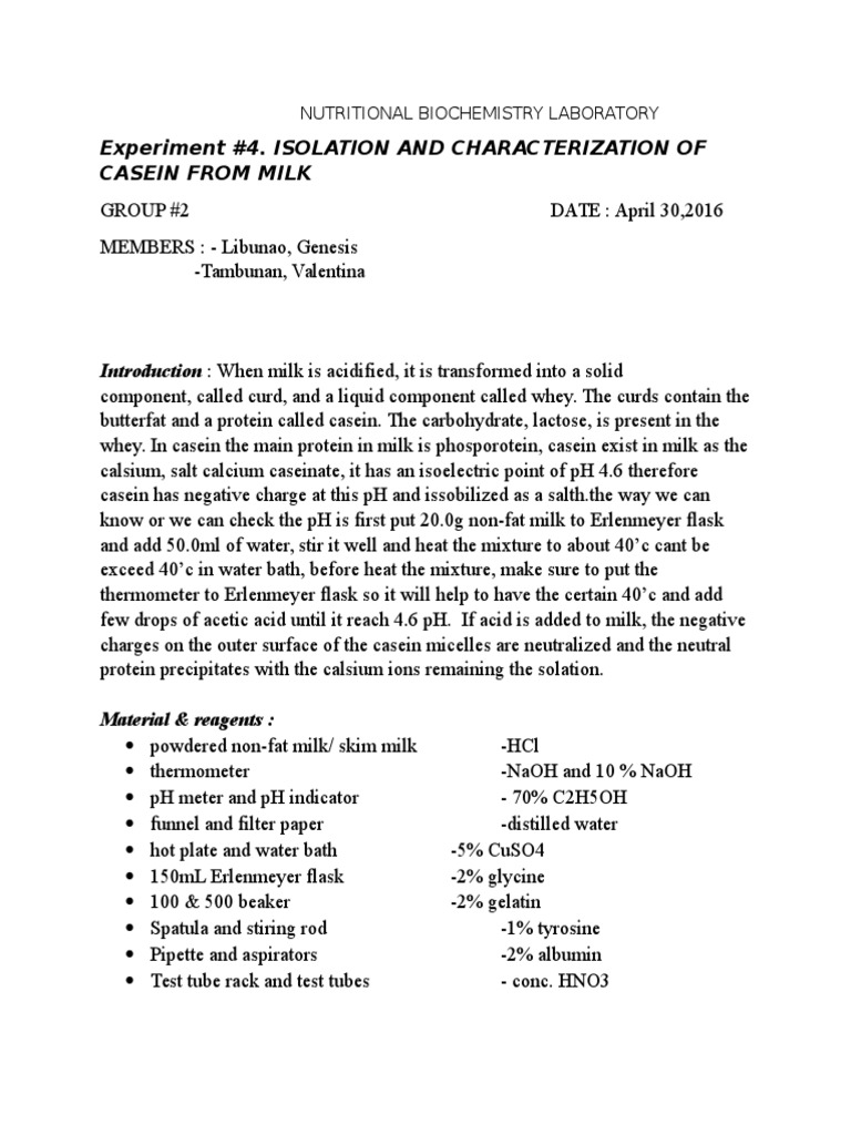 Isolation and Characterization of Casein From Milk | PDF | Science ...