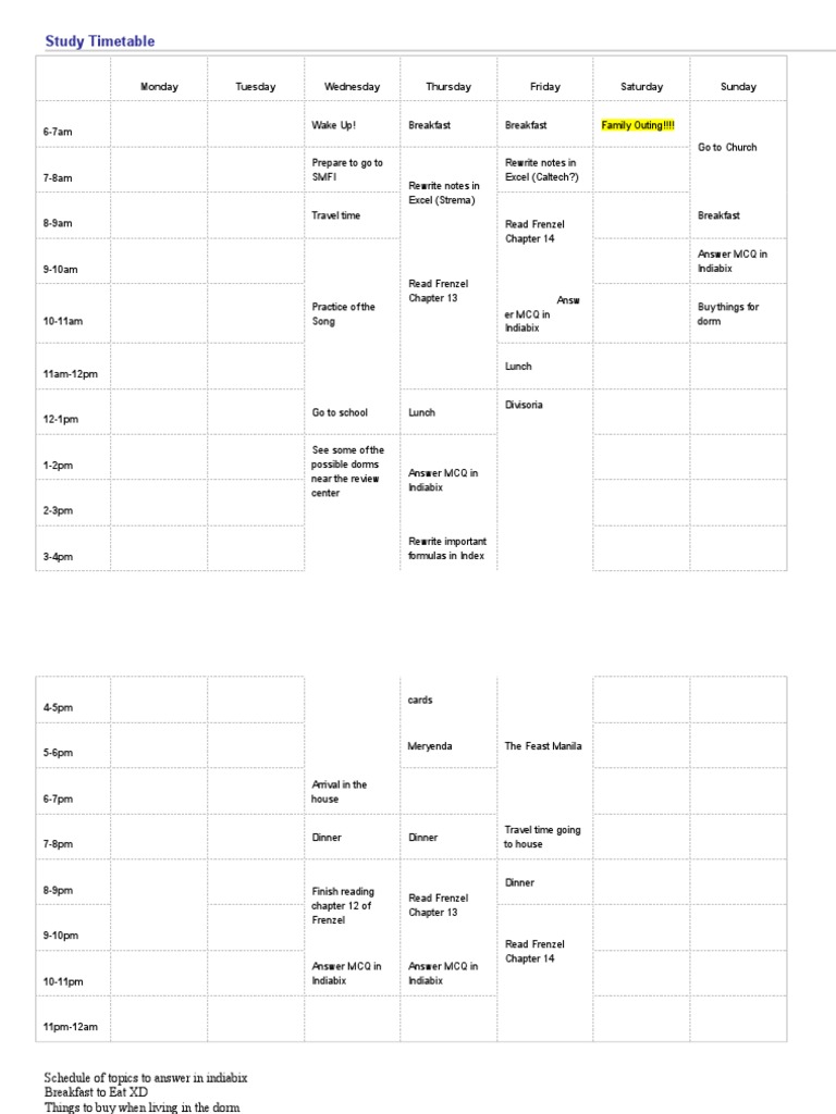 Weekly Study Timetable Overview | PDF