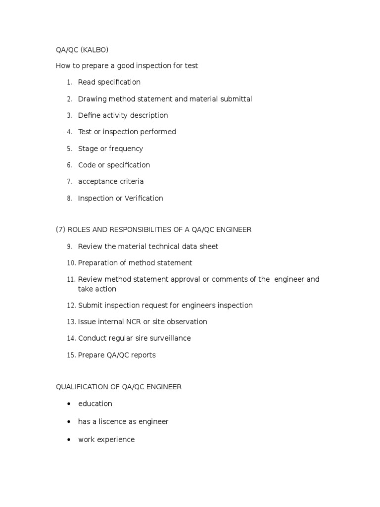 QA/QC Engineer Roles, Responsibilities & Project Inspection | PDF ...