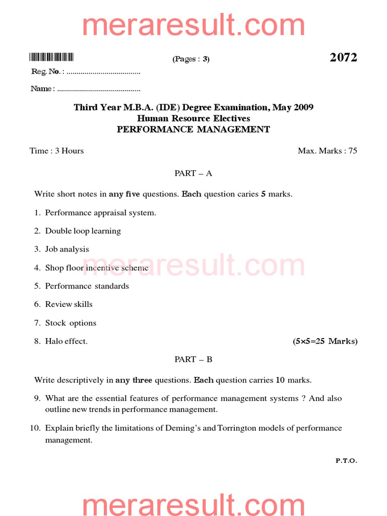 MBA Question Paper | Performance Appraisal | Performance Management