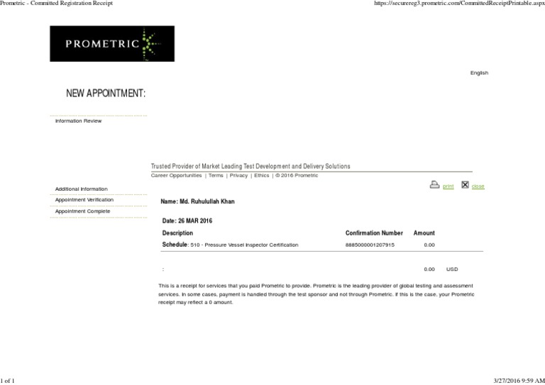 Prometric Appointment Confirmation Receipt | PDF