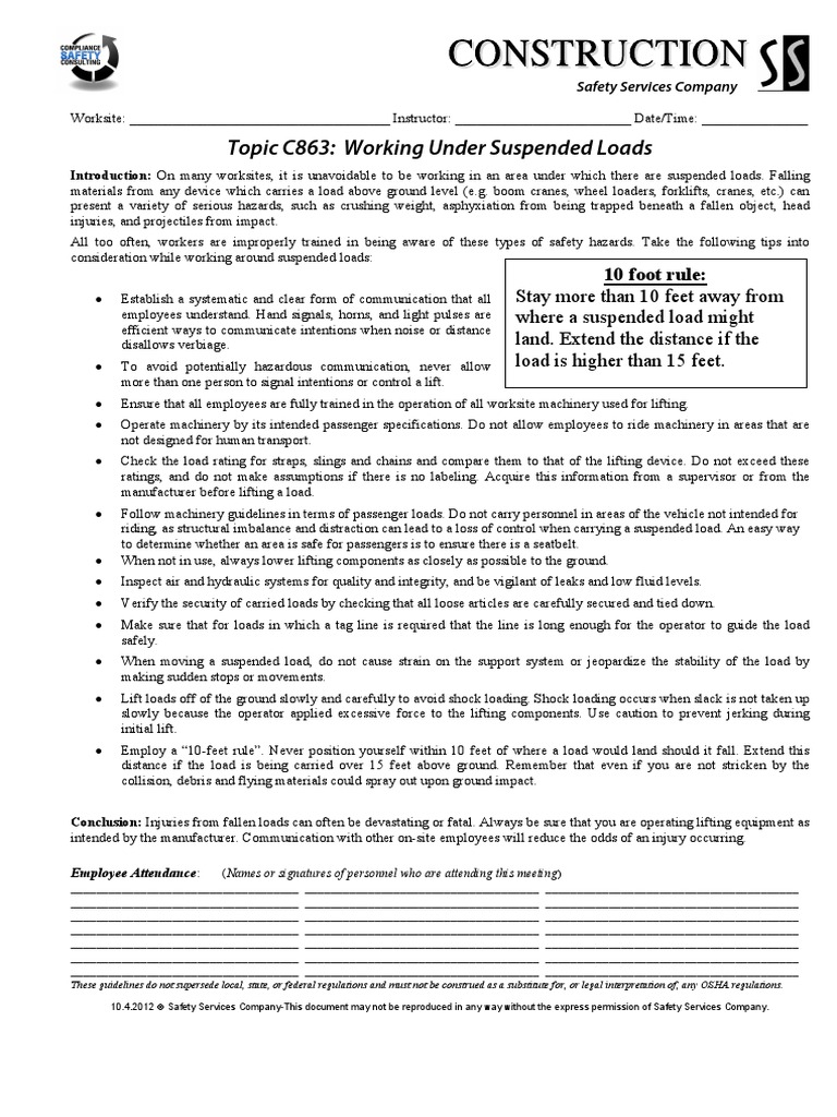 Safety Topic 863 - Working Under Suspended Loads | PDF | Elevator ...