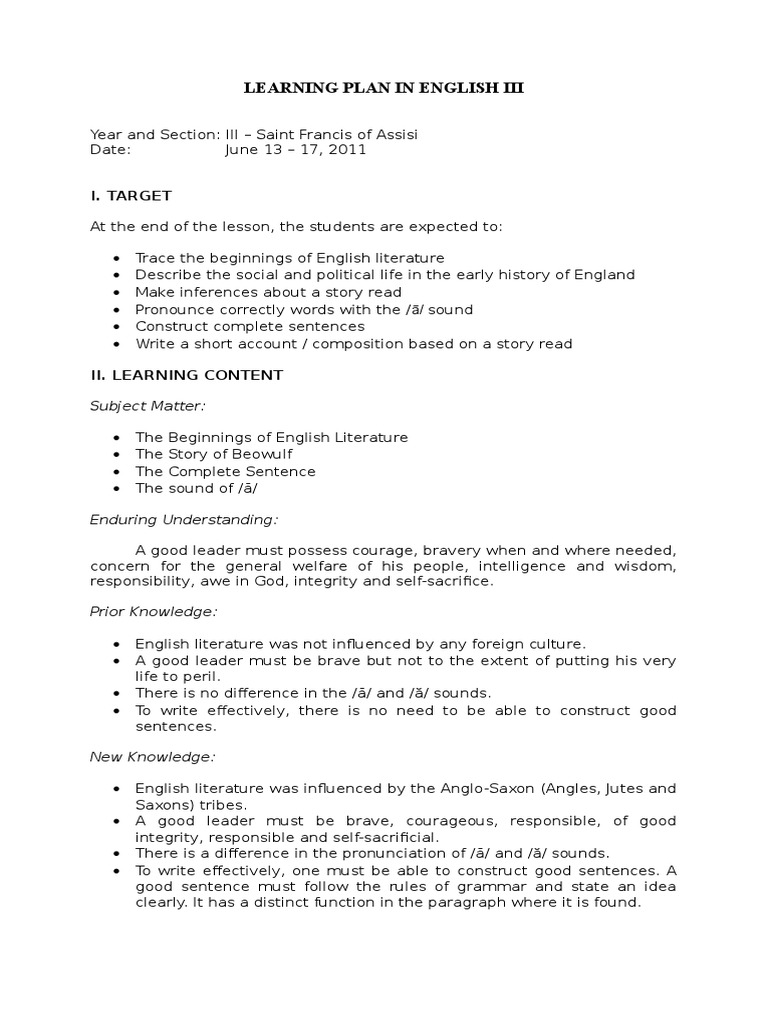 English III Learning Plan Overview | PDF | Reading Comprehension ...