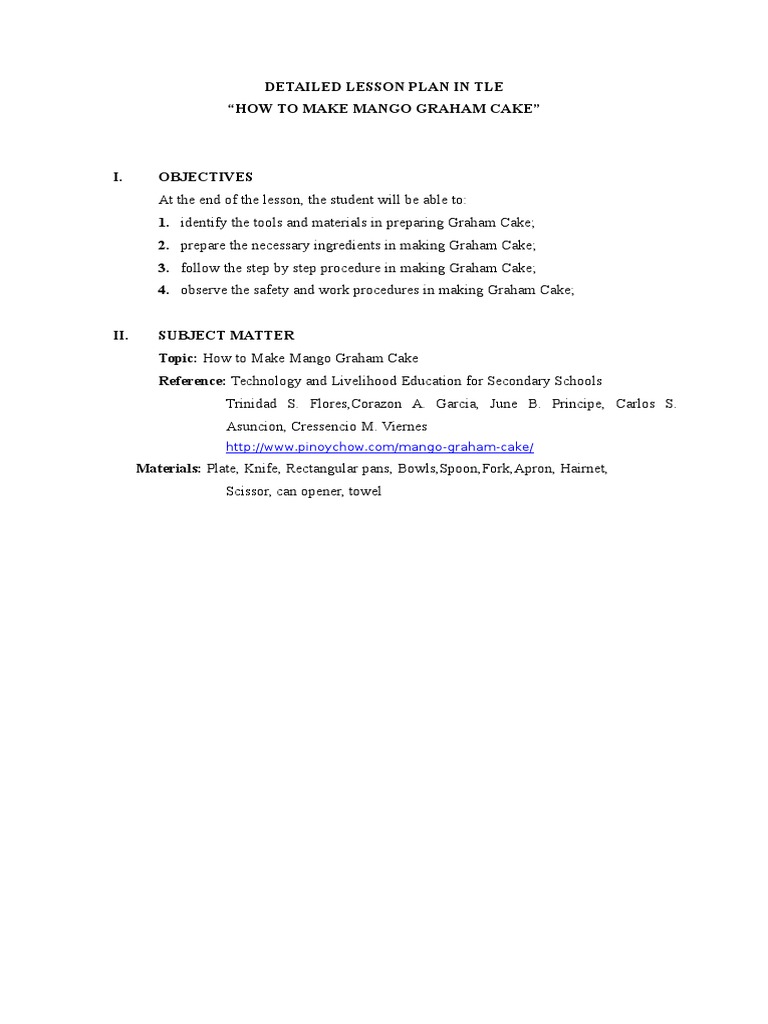 Detailed TLE Lesson Plan: Mango Graham Cake | PDF | Lesson Plan | Foods