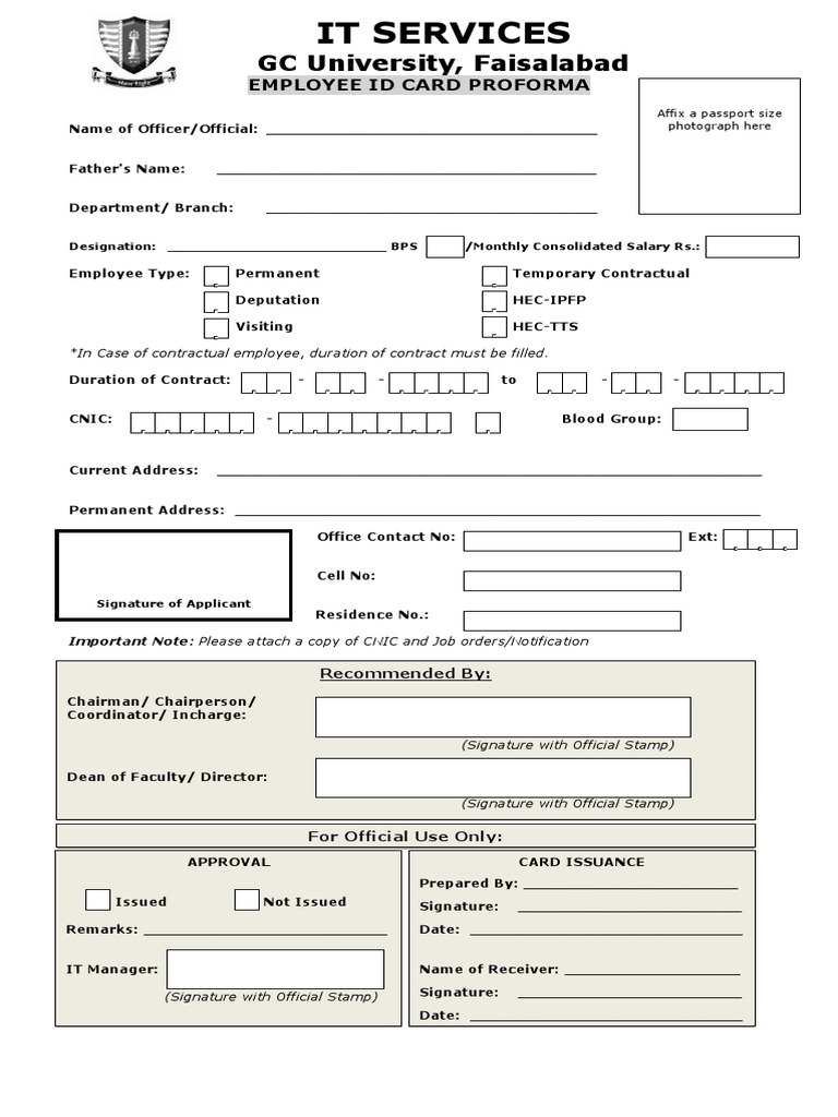 ID Card Proforma For Employees | PDF | Identity Document | Applications ...