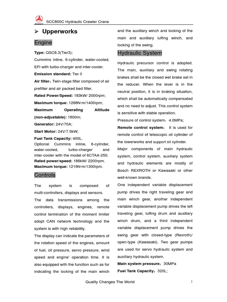 Crawler Crane Sany Type SCC 800 C | PDF | Crane (Machine) | Brake