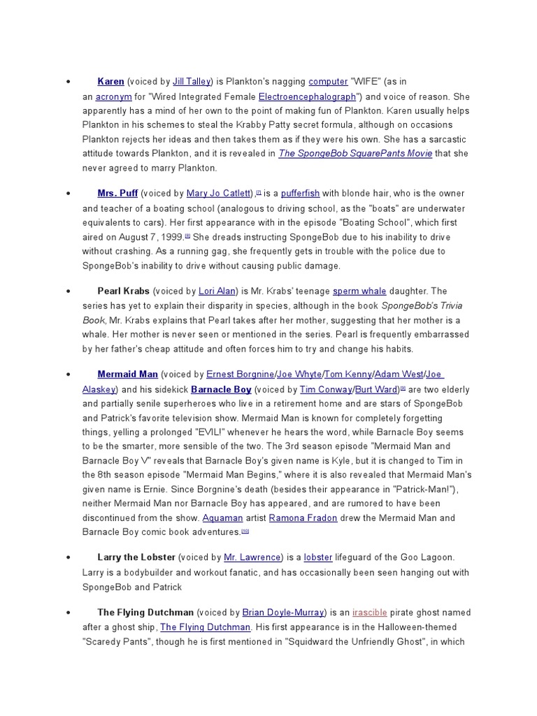 Character Profiles from SpongeBob SquarePants | PDF | Leisure