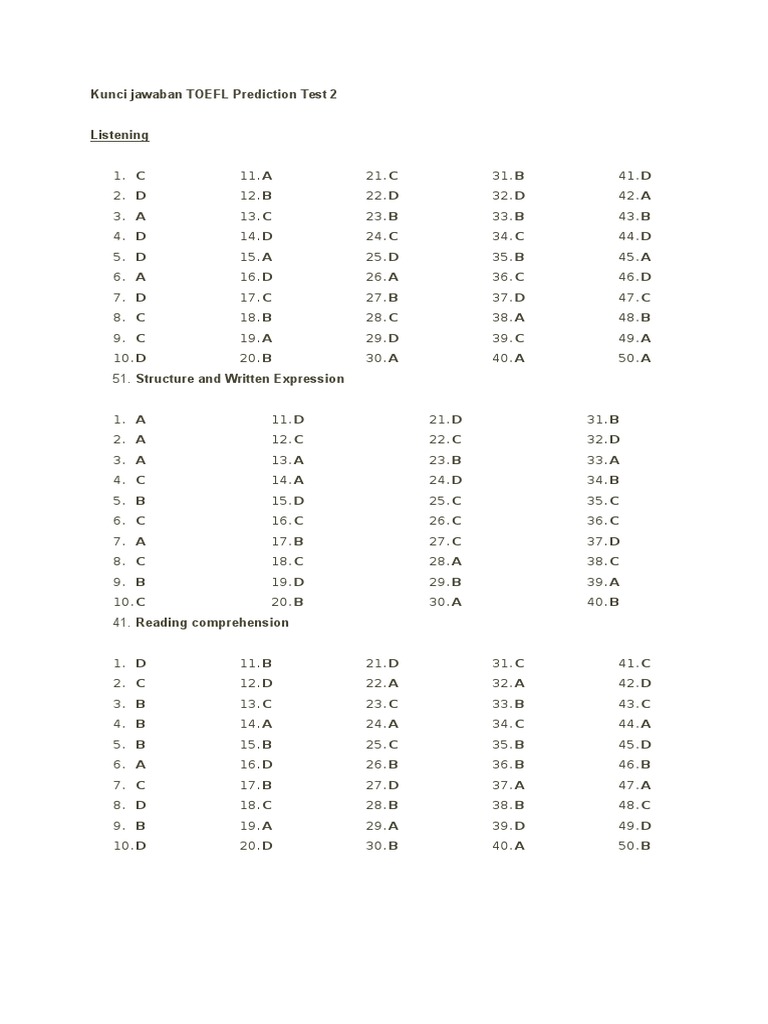 Kunci Jawaban TOEFL Prediction Test 2 | PDF