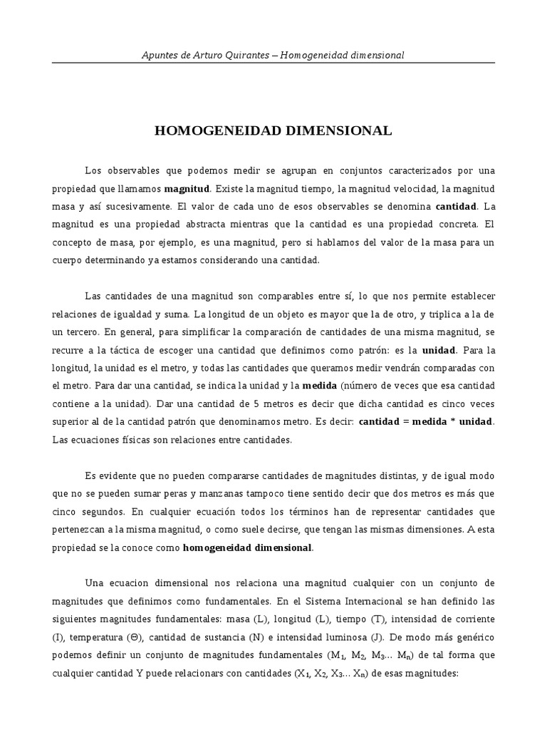 Apuntes Homogeneidad Dimensional | PDF | Cantidad | Unidades de medida