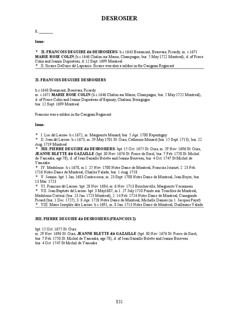 Desrosiers Family Genealogy Overview | PDF | Art