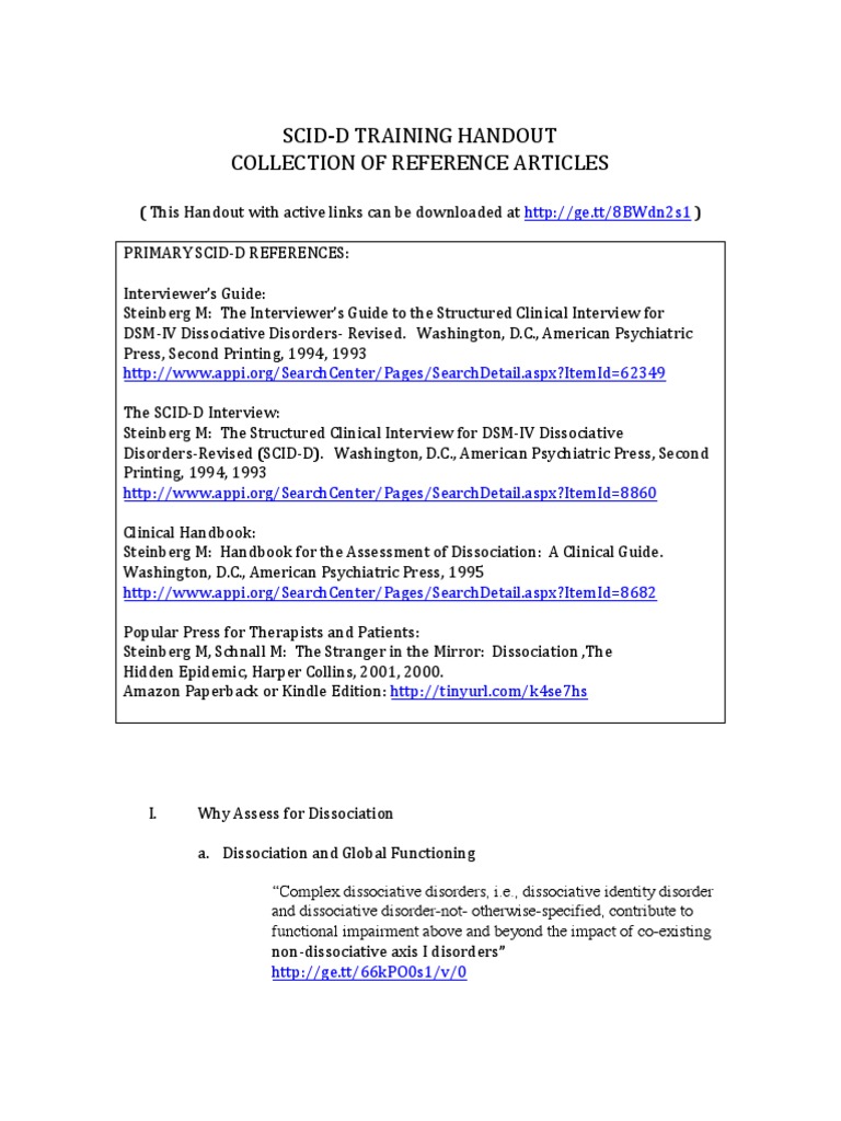 SCID-D Training Handout | Dissociation (Psychology) | Mental Disorder