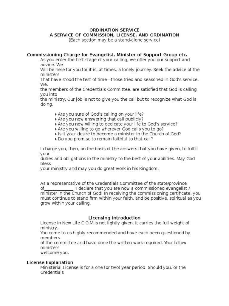 Ordination Service of Commissioning | PDF | Ordination | Minister ...