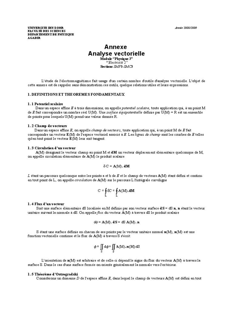 Annexe Analyse Vectorielle | Analyse vectorielle | Scalaire (mathématiques)