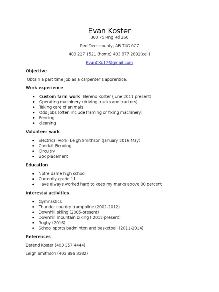 Evan Koster's Job Application Resume | PDF | Sports & Recreation