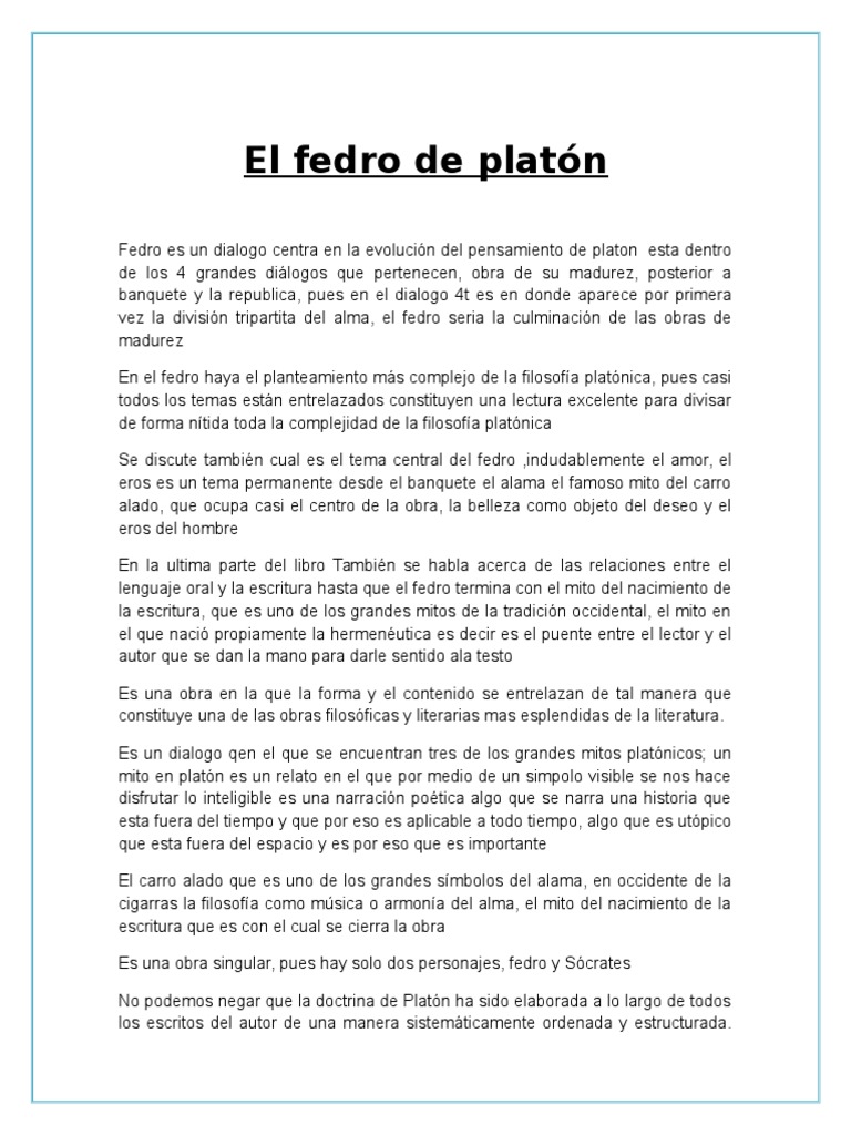 DIALOGO PLATONICO El Fedro | PDF | Platón | Alma