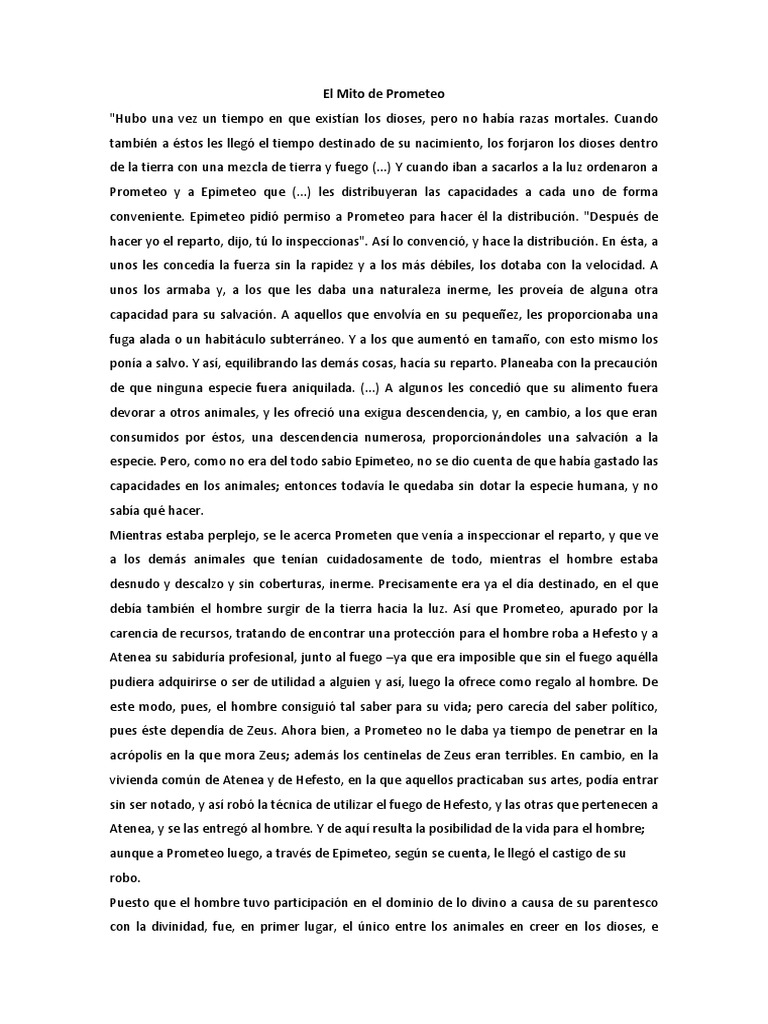 El Mito de Prometeo Texto Completo | Prometeo | Mitología