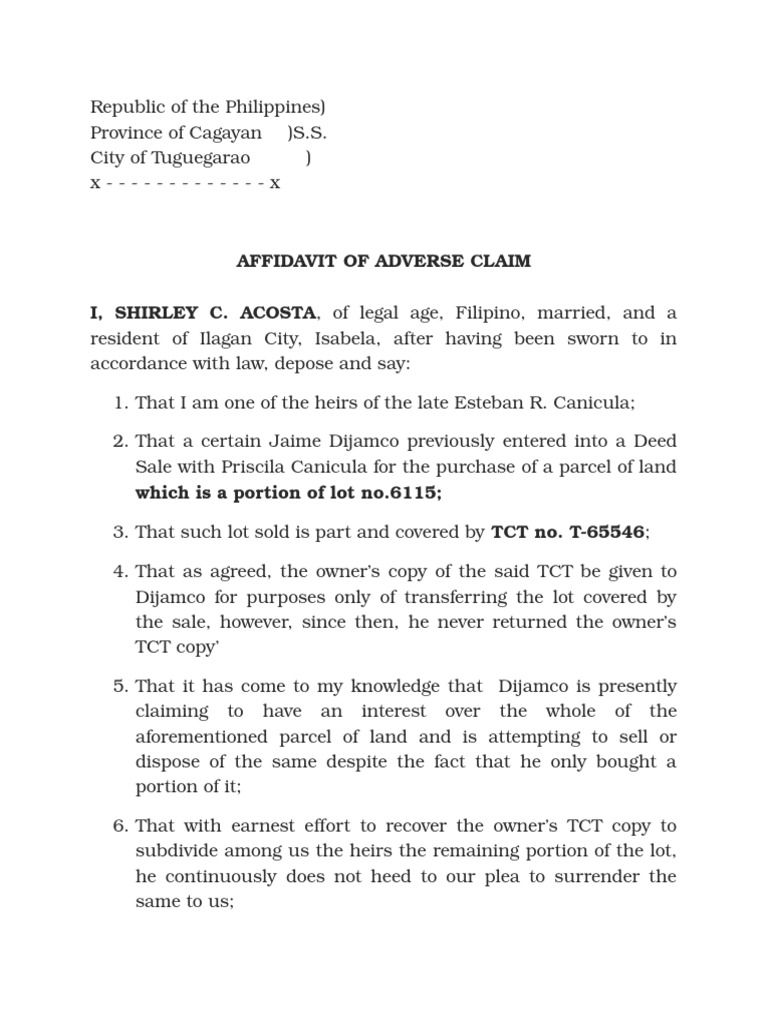 Affidavit of Adverse Claim | PDF