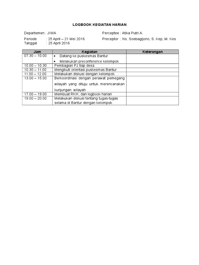 Logbook Kegiatan Harian Hari 1 | PDF