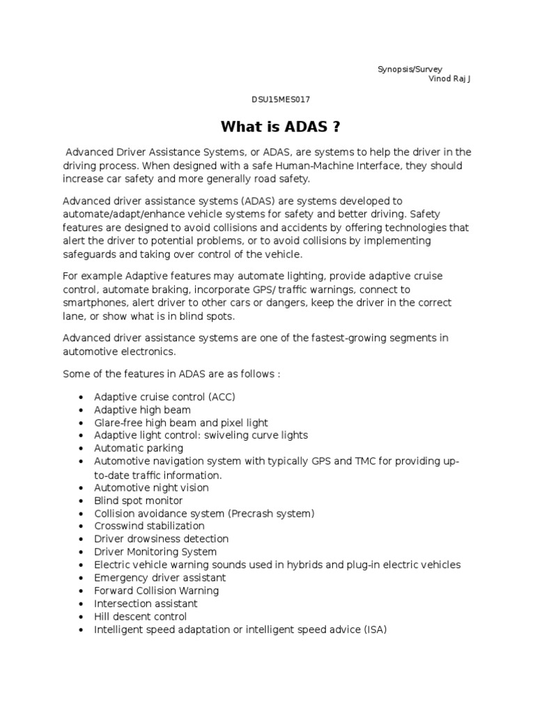 What Is Adas Synopsis Survey Vinod Raj J Dsu15mes017 Pdf Traffic