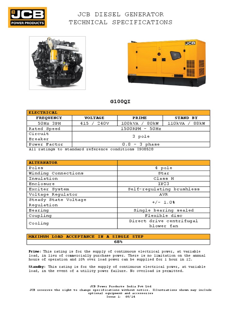 JCB Generator - Spec 100 Kva | PDF | Diesel Engine | Physical Quantities