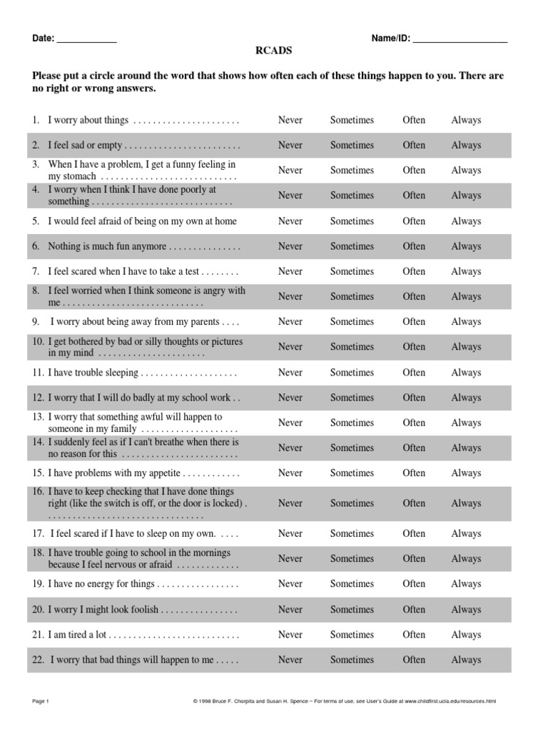 Depression Scale Children RCADS 2015 | PDF