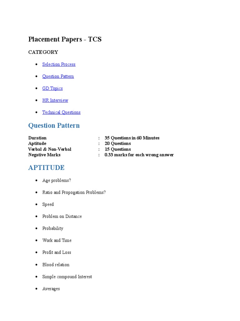 Placement Papers - TCS: Question Pattern | PDF | Metre | Speed