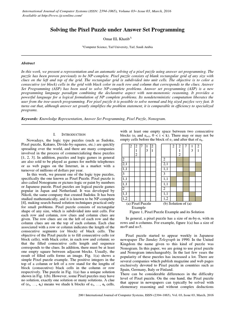Solving The Pixel Puzzle Under Answer Set Programming: Computer Science, Taif University, Taif ...
