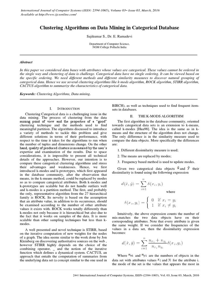 Clustering Algorithms On Data Mining in Categorical Database | Download ...