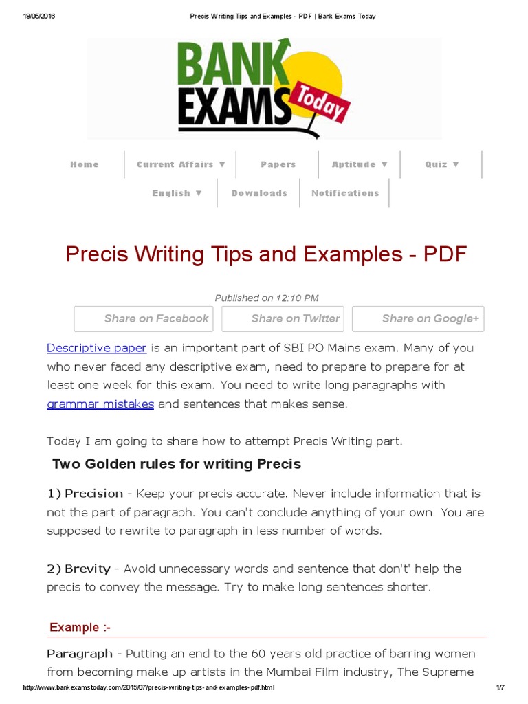 Precis Writing Tips and Examples - PDF - Bank Exams Today | PDF ...