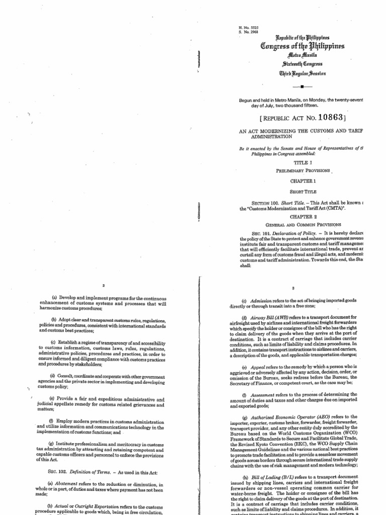 RA 10863 - Customs Modernization and Tariff Act